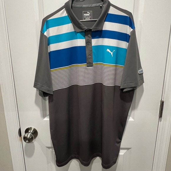 Puma | Shirts | Puma Golf Polo Shirt Mens Lg Grey Blue Stripe Drycell ...